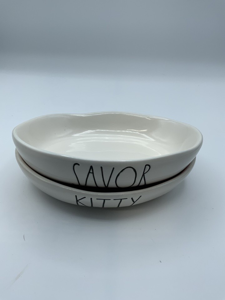 Rae Dunn "MEOW" Small Oval Shaped White Ceramic Cat Food or Water Bowls ...