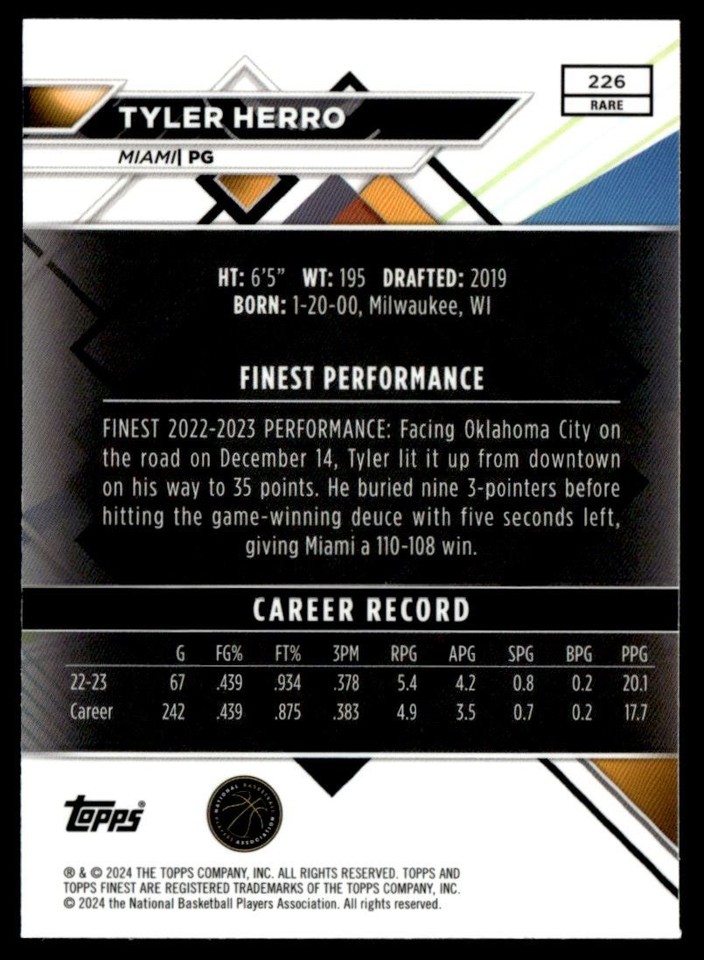 2023-24 Finest Purple Checkerboard Refractors Rare Tyler Herro /75 ...