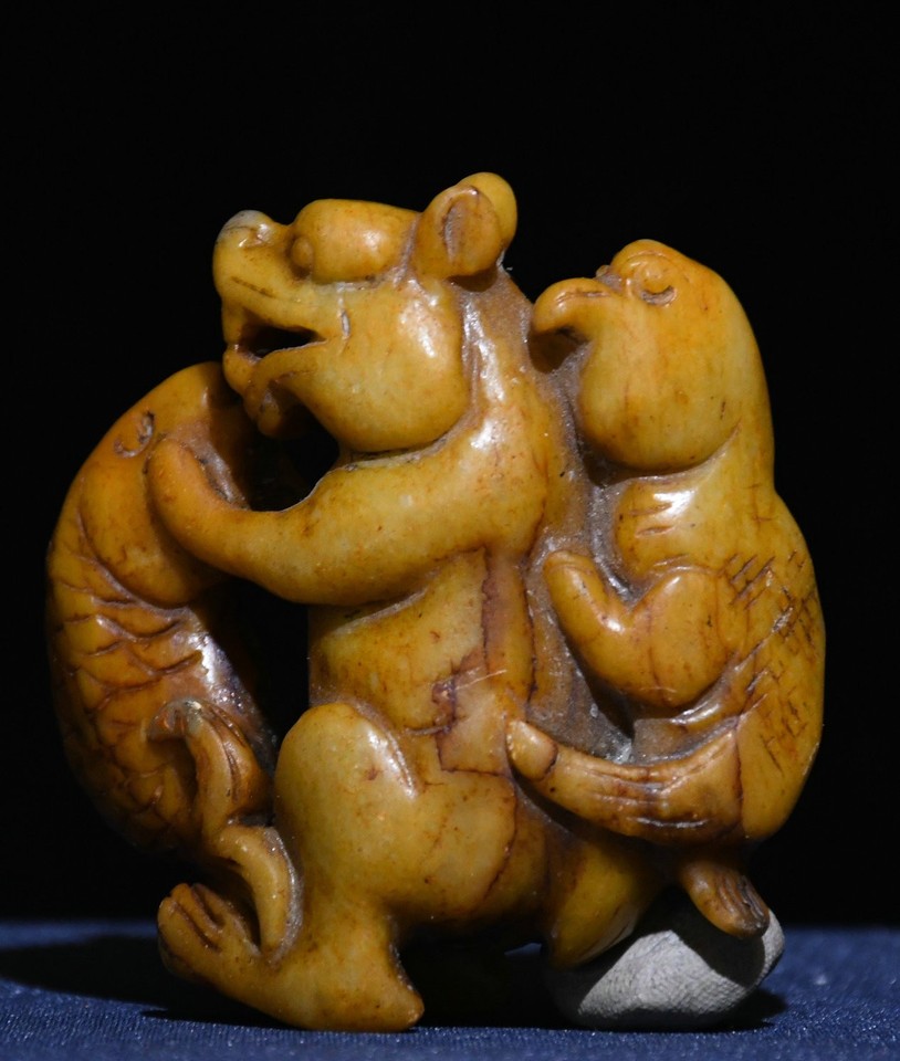 2" Old Chinese Dynasty Hetian Jade Carving Fish Tiger Bird Animal ...