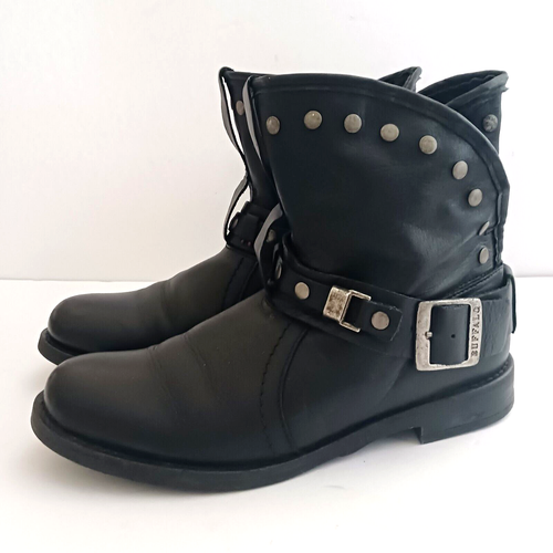 Buffalo London Blk Leather Moto Ankle Boot Studs Buckle Harness Strap ...