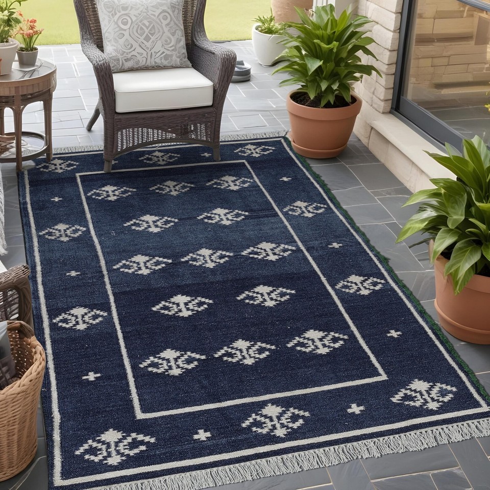 Custom Handwoven Dhurrie Rug Color Indigo and White Design Handmade ...