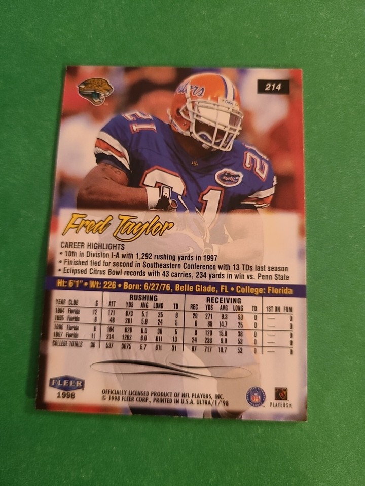 1998 Fred Taylor RC Fleer Ultra Card #214 GATORS JAGUARS CLEAN RC | eBay