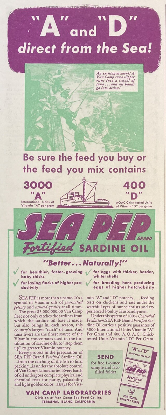 1941 AD.(XF20)~VAN CAMP LAB. TERMINAL ISL., CA. SEA PEP FORTIFIED ...