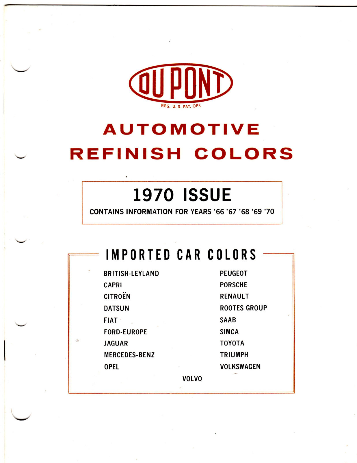 1966 TO 1970 DUPONT AUTOMOTIVE IMPORT REFINISH CAR COLOR REFERENCE ...