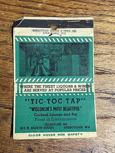 Vintage Sheboygan Wisconsin Tic-Toc-Tap Cocktail Lounge Bar Matchbook ...