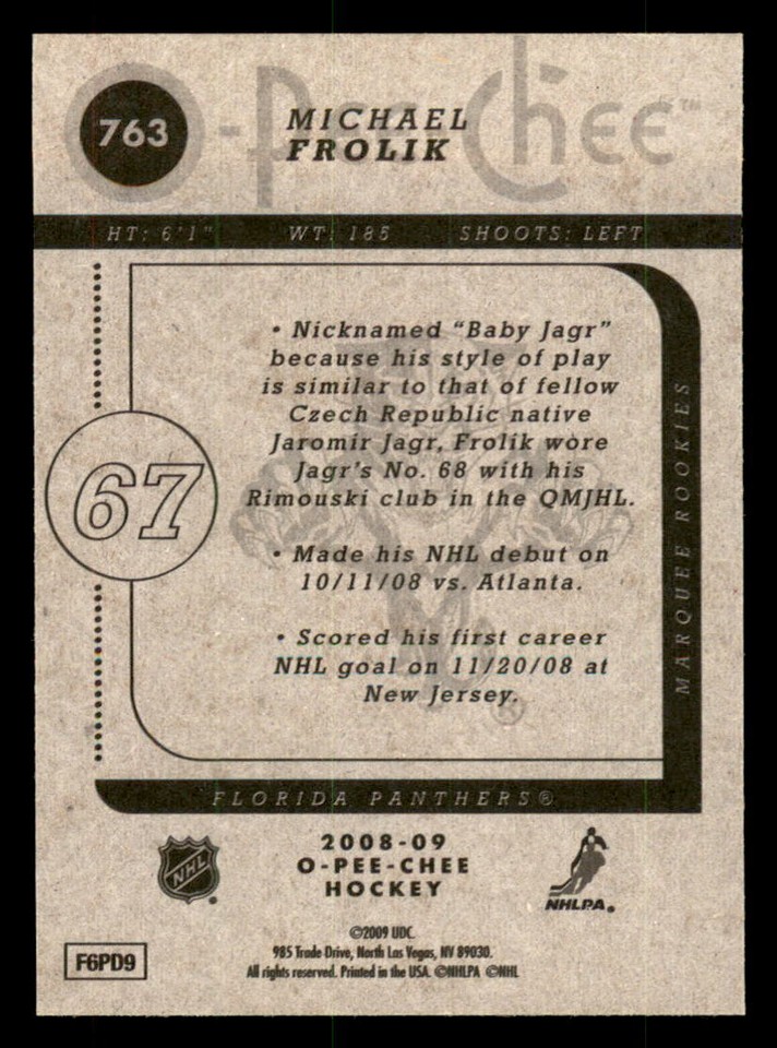 2008-09 O-Pee-Chee #763 Michael Frolik Florida Panthers RC | eBay