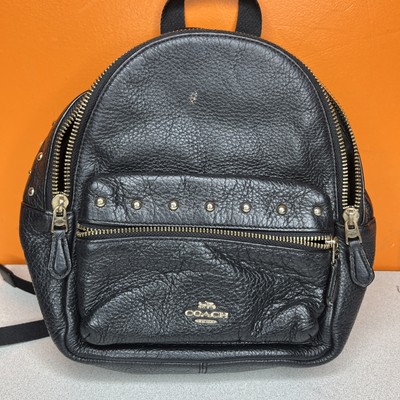 COACH Mini Charlie Luxury Designer Black Leather Backpack With Studs ...