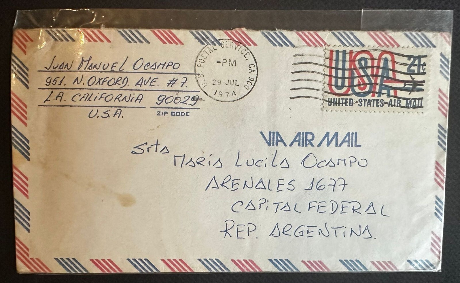CM) 1974. UNITED STATES. AIRMAIL ENVELOPE SHIPPED ARGENTINA. AIR MAIL ...