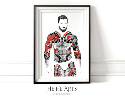 Original Gay Nude Print | Japanese-Inspired Inked Hunk | Homoerotic Wall Art l | eBay
