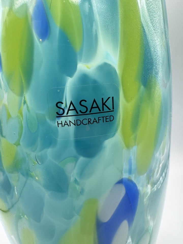 New Sasaki Hand Blown Blue Green Art Glass Vase 12” Tesa | eBay