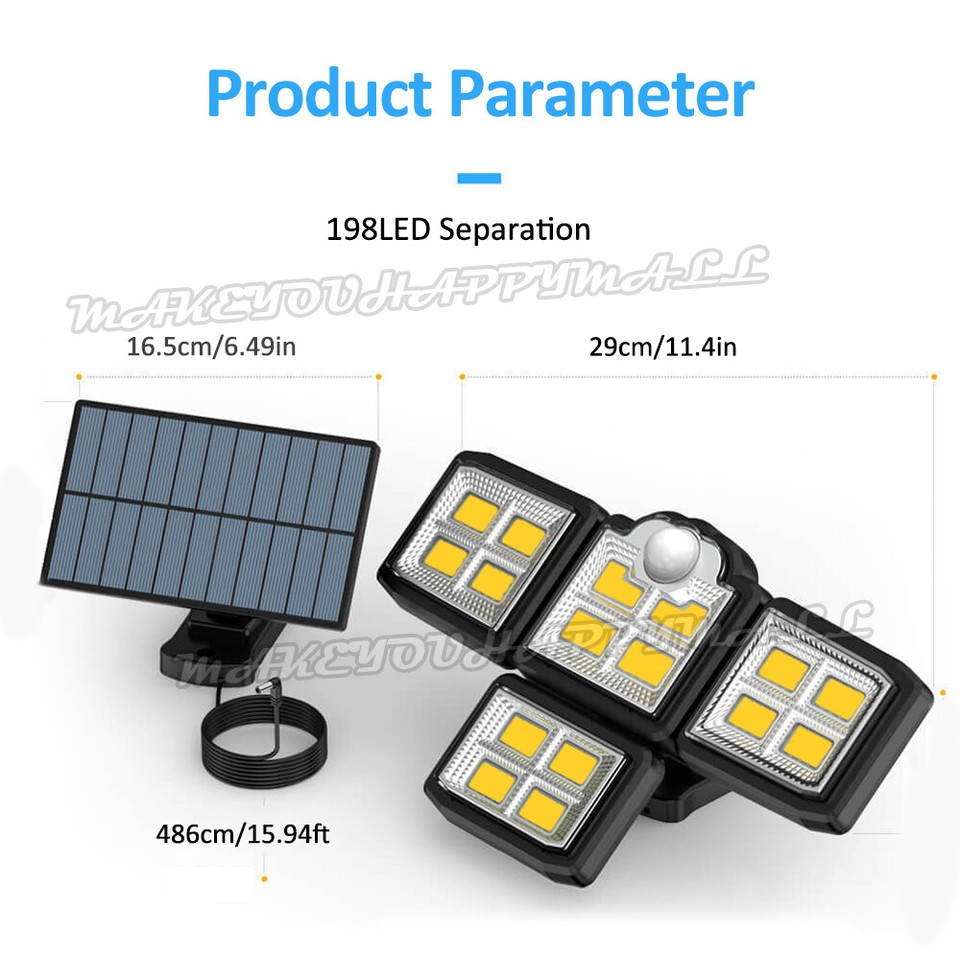 198 LED Solar Flood Light Motion Sensor Security Wall Yard Garden ...