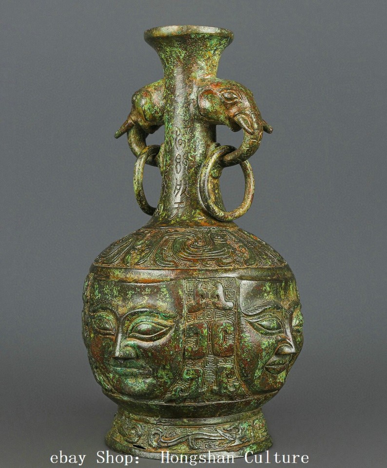 12" Old Western Zhou Dynasty Bronze Ware Elephant Ears People Face Head ...