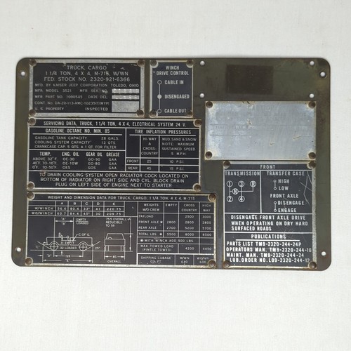 Truck Cargo 1-1/4 Ton Kaiser JEEP M715 ORIGINAL DATA PLATE w/ Wench ...