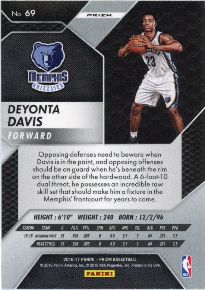 2016 Panini Prizm #69 Deyonta Davis Rookie Silver Prizms Near mint or ...