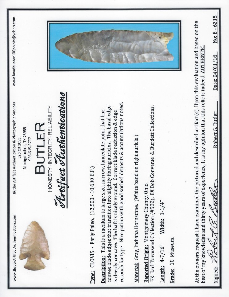 4 7/16 inch Fluted Townsend Clovis Point, Indian Artifacts, G-10 with COA | eBay