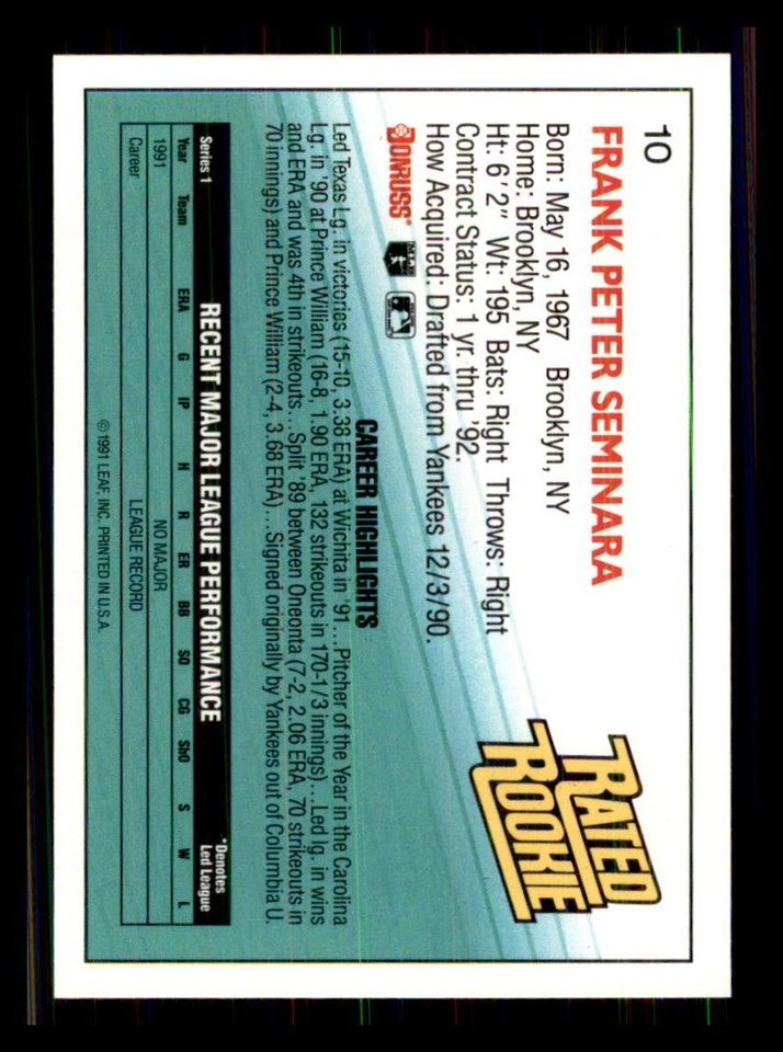 1992 BASEBALL 1992 Donruss Frank Seminara San Diego Padres #10 RR RC1 ...