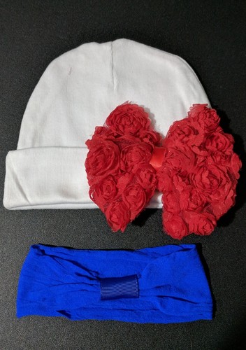 Baby girl beanie white hat red bow alligator clip blue headband 0 ...