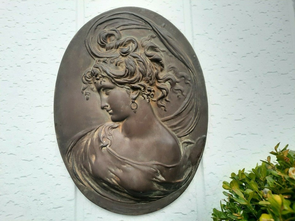 LRG 14" art nouveau lady antique bronze wall statue plaque vtg woman ...