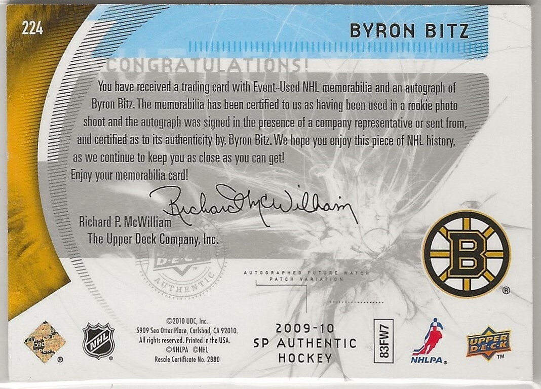 2009-10 SP Authentic Limited Auto Patches Future Watch #224 Byron Bitz ...