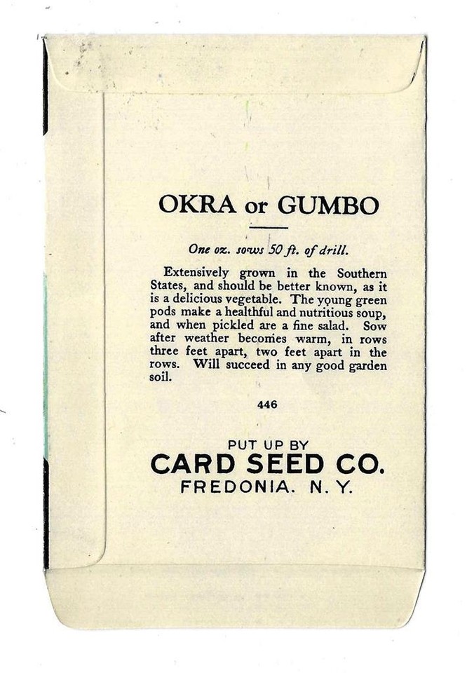 Okra or Gumbo Seed Packet, Card Seed Co., Fredonia, New York EARLY | eBay