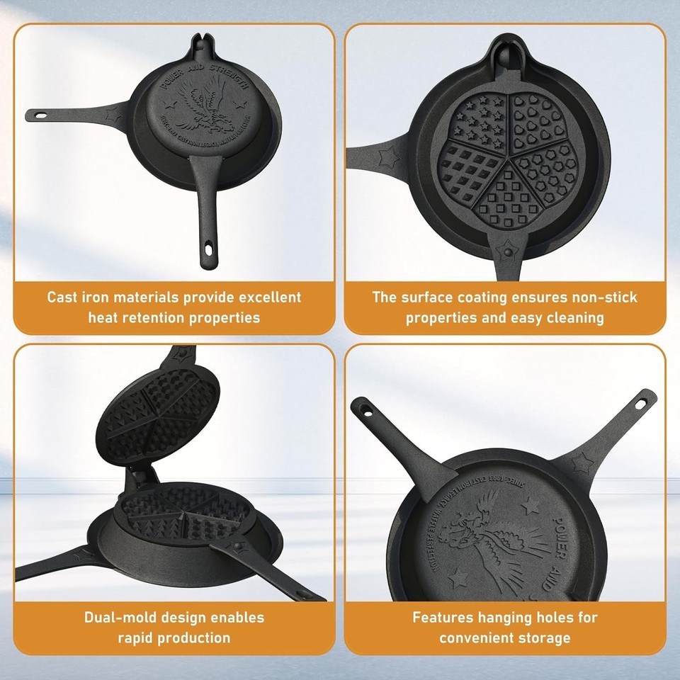 Cast Iron Waffle Maker with Low Base, Retro Waffle Iron with Five ...