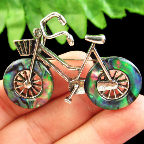 Natural Rainbow Abalone Shell Tibetan Silver Bicycle Pendant Brooch ...