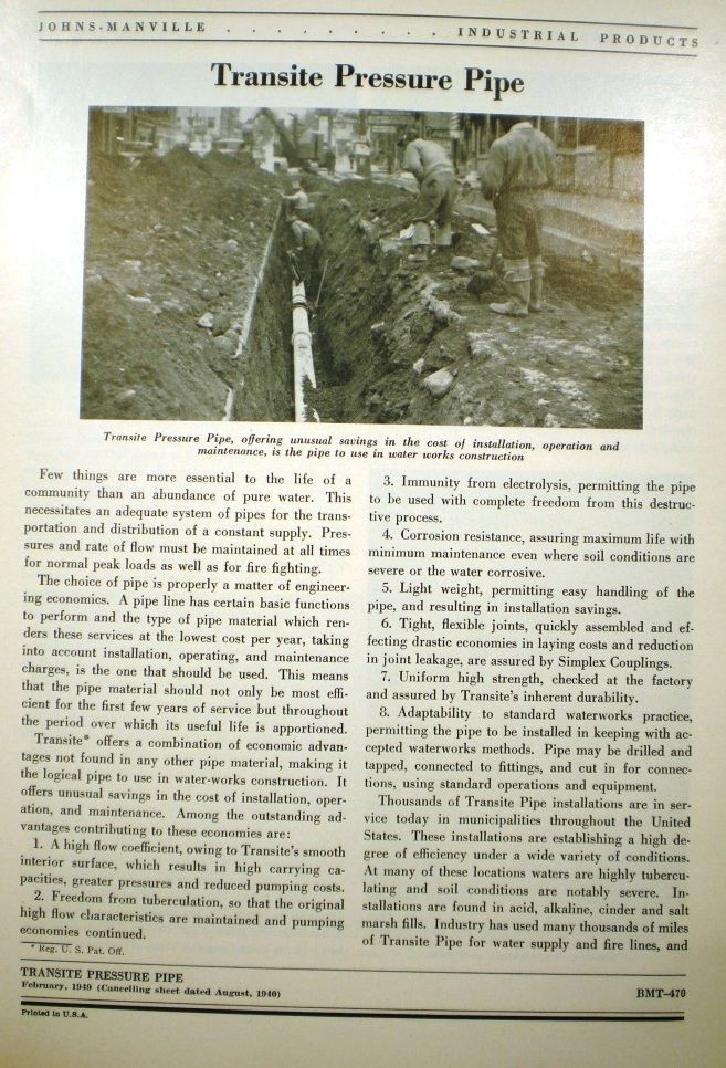Transite Pressure Pipe ASBESTOS Water Mains Supply JOHNS-MANVILLE 1949 ...