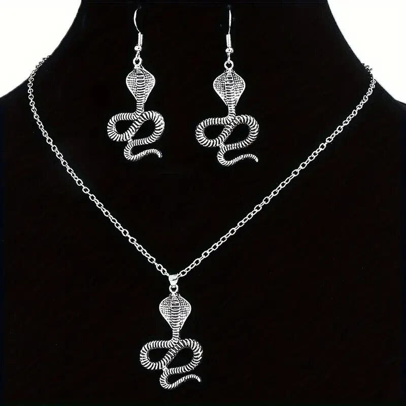 3 Piece Silver Cobra Snake Earrings And Matching Necklace Jewelry Set ...