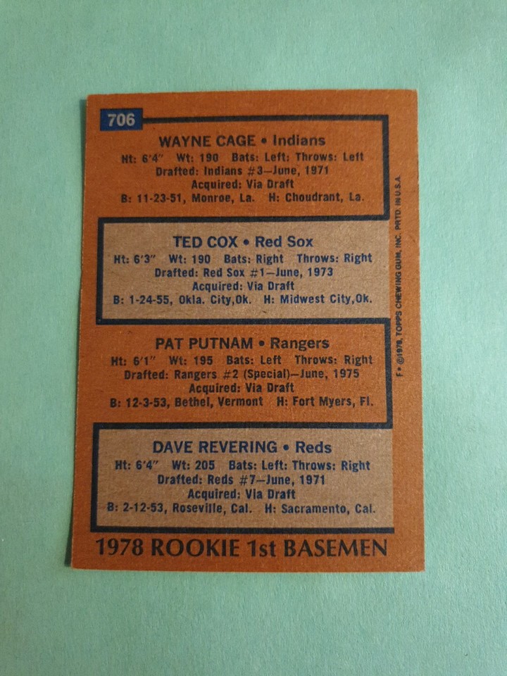 1978 Topps EX-MT rookie Wayne Cage Ted Cox Pat Putnam Dave Revering | eBay