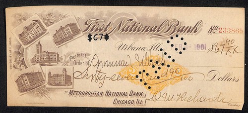 FNB Urbana, IL $67 1901 Bank Check Revenue Stamp w/ University Bldg ...