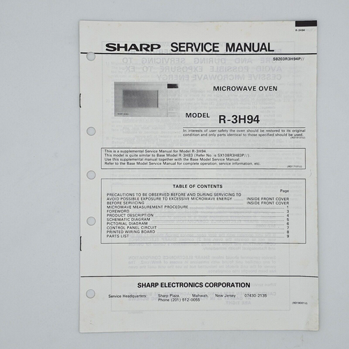 OEM Sharp Service Manual for Microwave Oven Model R-3H94 VTG Electronics Manual | eBay