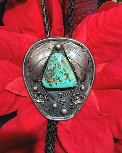 old pawn navajo Sterling Silver Bolo Tie with Turquoise, Leather Cord ...