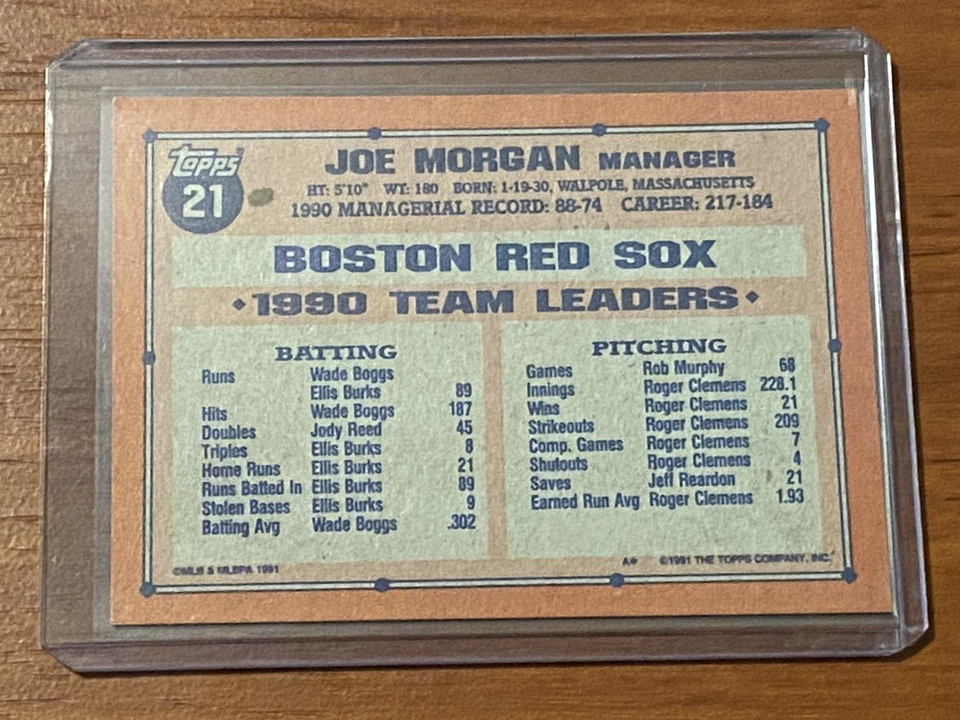 1991 Topps - Team Leaders #21 Joe Morgan Boston Red Sox | eBay