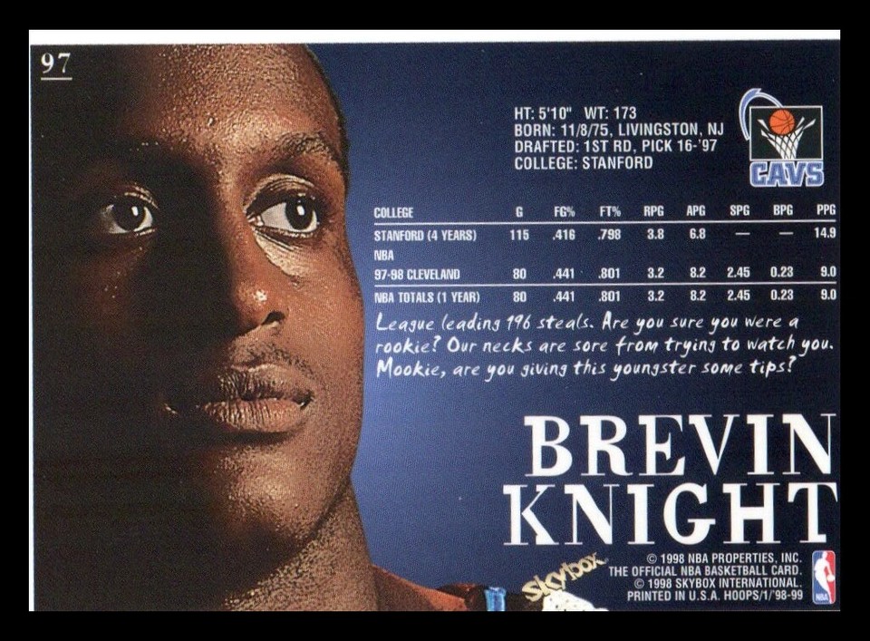 1998-99 Skybox Hoops #97 Brevin Knight NBA Basketball Cleveland ...