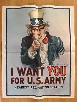 VINTAGE WW1 I WANT YOU UNCLE SAM RECRUITING POSTER 22" x 28" REPRINT ...