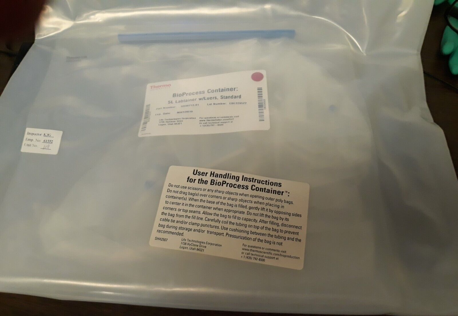 Thermo Scientific BioProcess Container 5L Labtainer SH30713.01 W/Luers ...