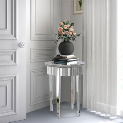 Round Venetian Mirrored Side Table Sofa Bedside Coffee Table Storage ...