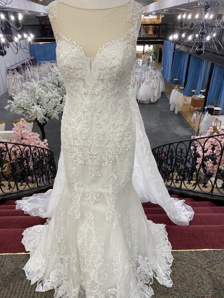 Justin Alexander Lace Fit and Flare Gown with Detachable Monarch Train ...