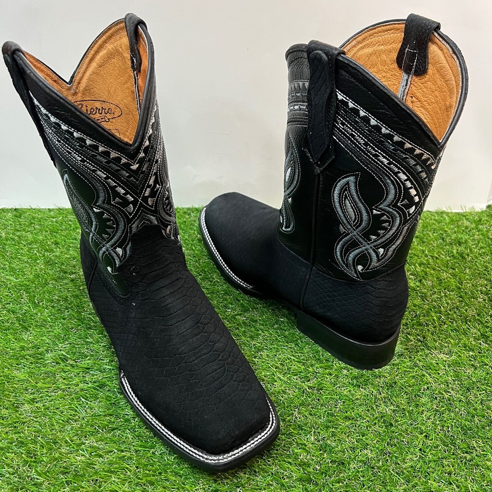 Mens WESTERN COWBOY Leather PYTHON MATTE BLACK Print Square Toe Boots ...