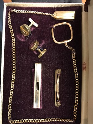 Swank ,cufflinks, 2 tie bars,and watch chain, inthe original box. never ...