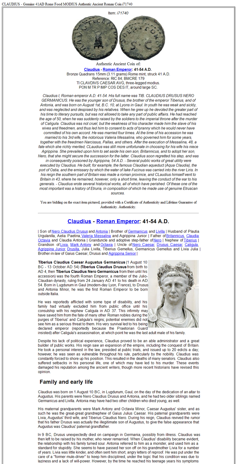 CLAUDIUS - Genuine 41AD Rome Food MODIUS Authentic Ancient Roman Coin ...