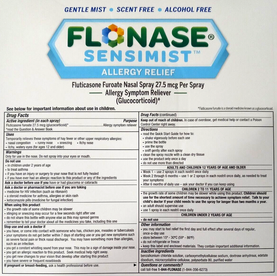 Flonase Sensimist Fluticasone 27.5mcg 24Hr Allergy Relief 360 Sprays ...