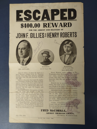 1916 Wanted Escaped Poster Olympia Washington, John Gillies & Henry Roberts | eBay