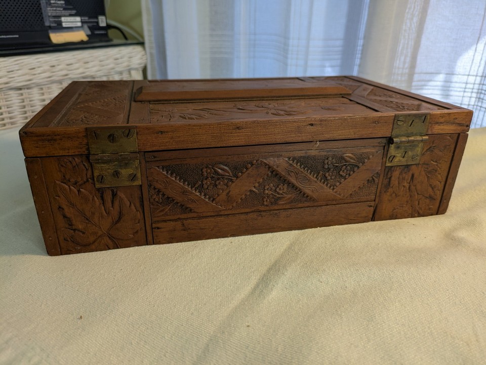 Vintage Carved Wood Hinged Portable Writing Lap Desk - Box Storage ...