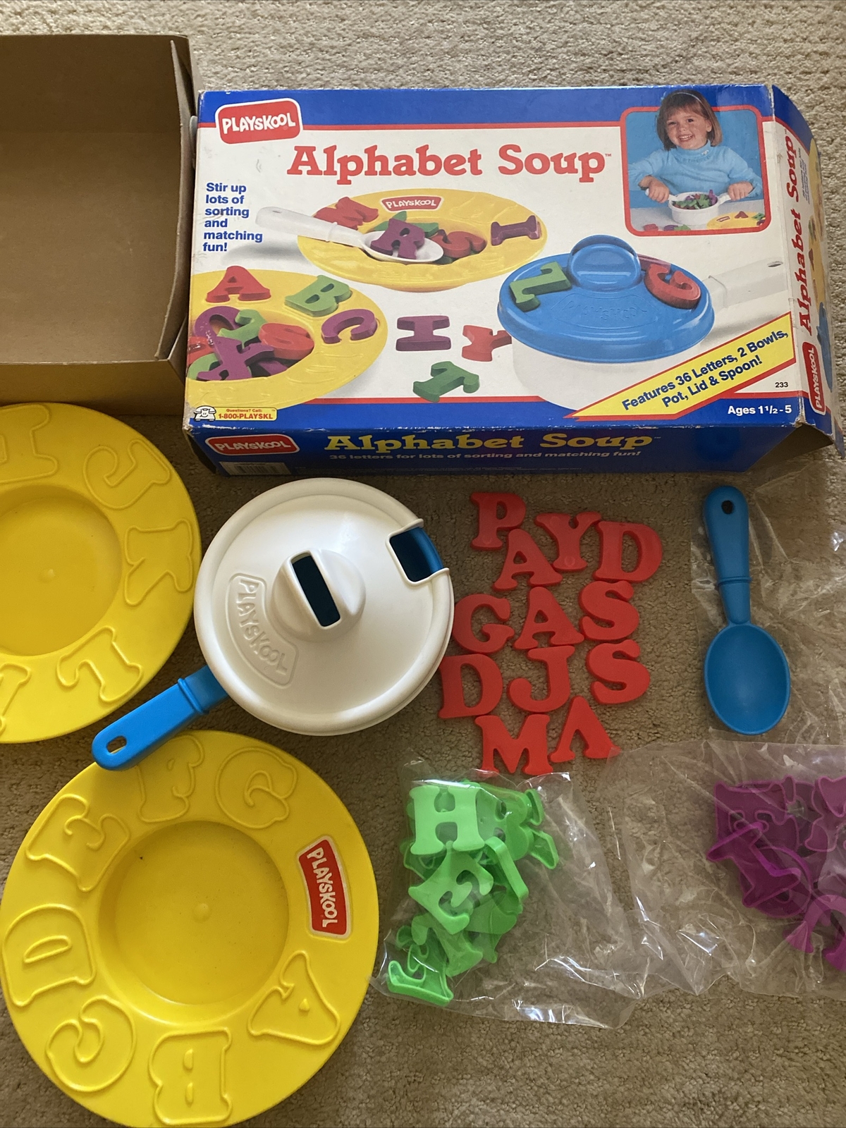 Vintage Playskool ALPHABET SOUP BOWL & Pan + Letters & Box Nice!! | eBay