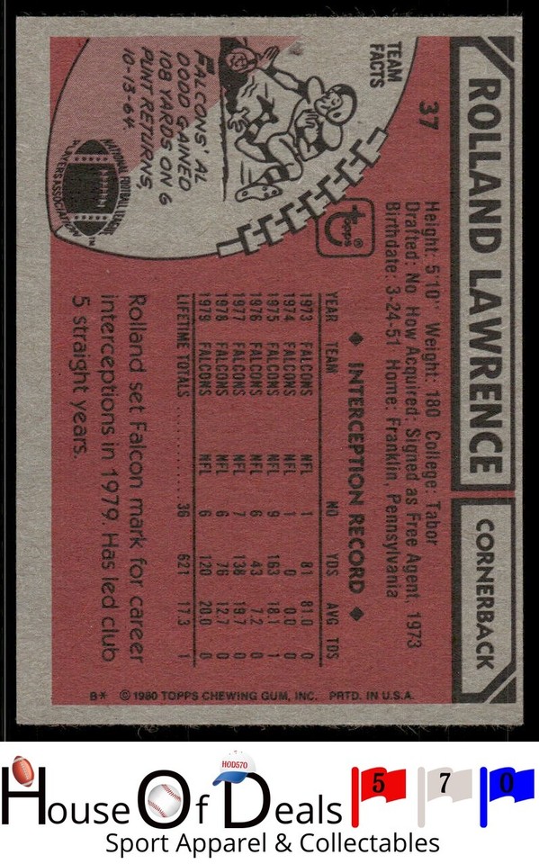 1980 Topps #37 Rolland Lawrence Atlanta Falcons Football Card | eBay