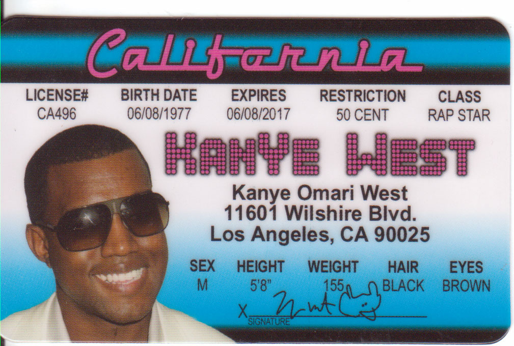 Rap Star Kanye West novelty plastic collectors card Drivers License | eBay