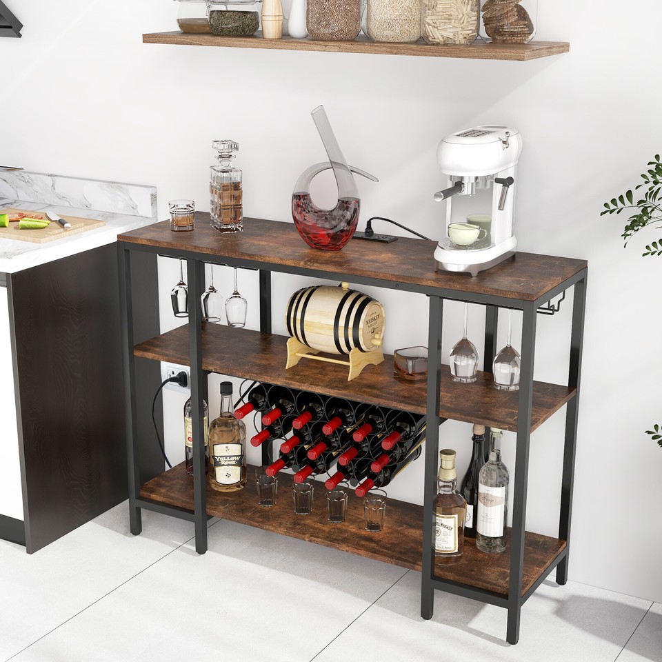 Wine Cabinet Bar Table Wine Rack Table for Drinks Glasses w/ Power ...