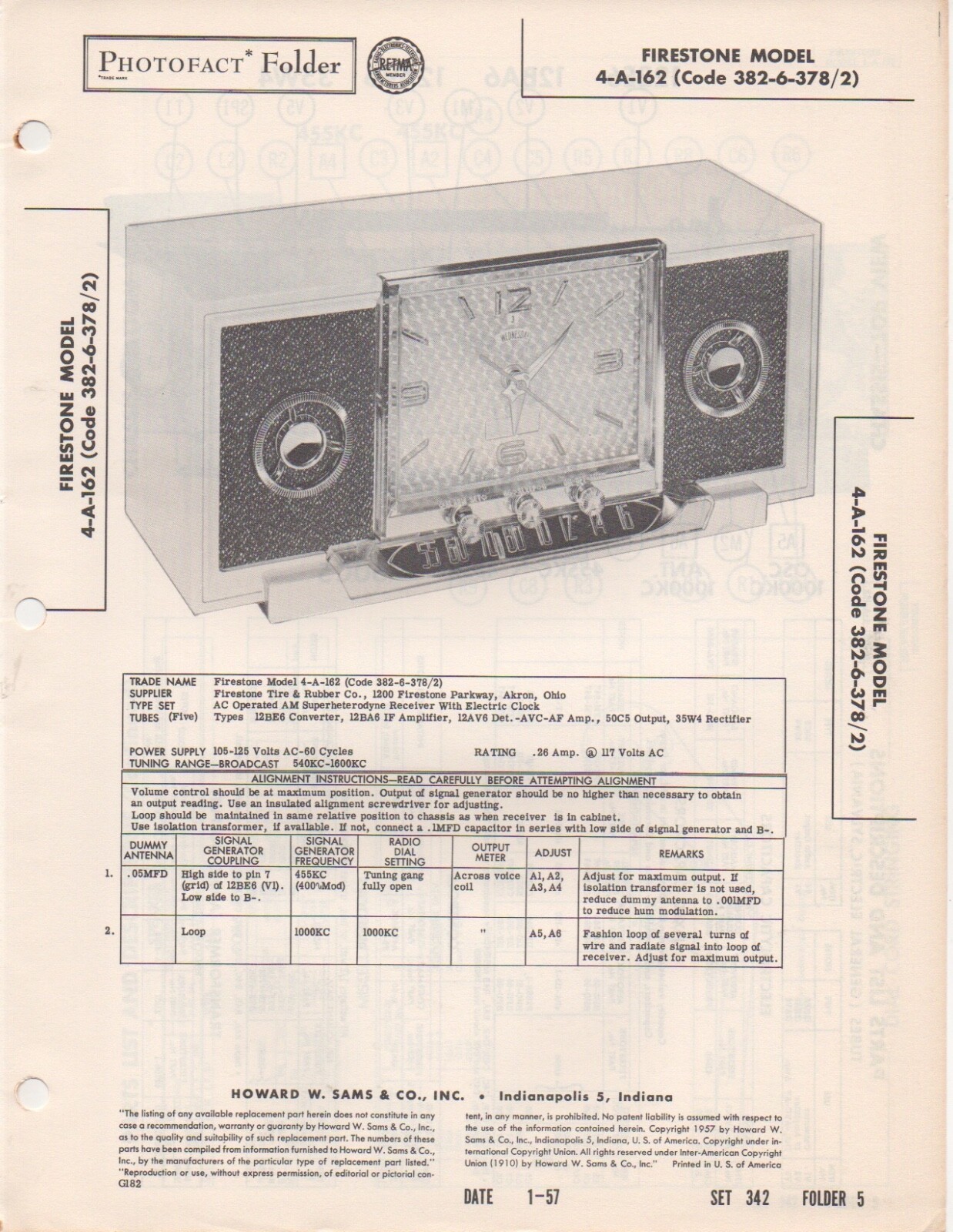 1957 FIRESTONE 4-a-162 CLOCK RADIO SERVICE MANUAL photofact schematic ...
