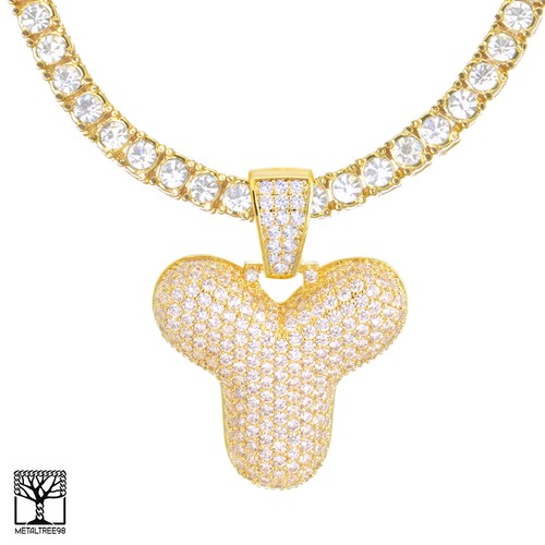 Y Initial Custom Bubble Letter Gold Plated Icy Pendant 24" Stone Chain ...